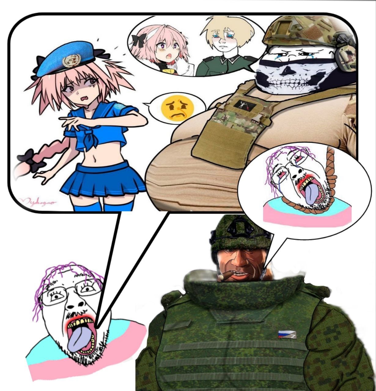 SoyBooru - Post 96437: astolfo bloodshot_eyes bulletproof_vest camouflage emoticon emr_pattern ...